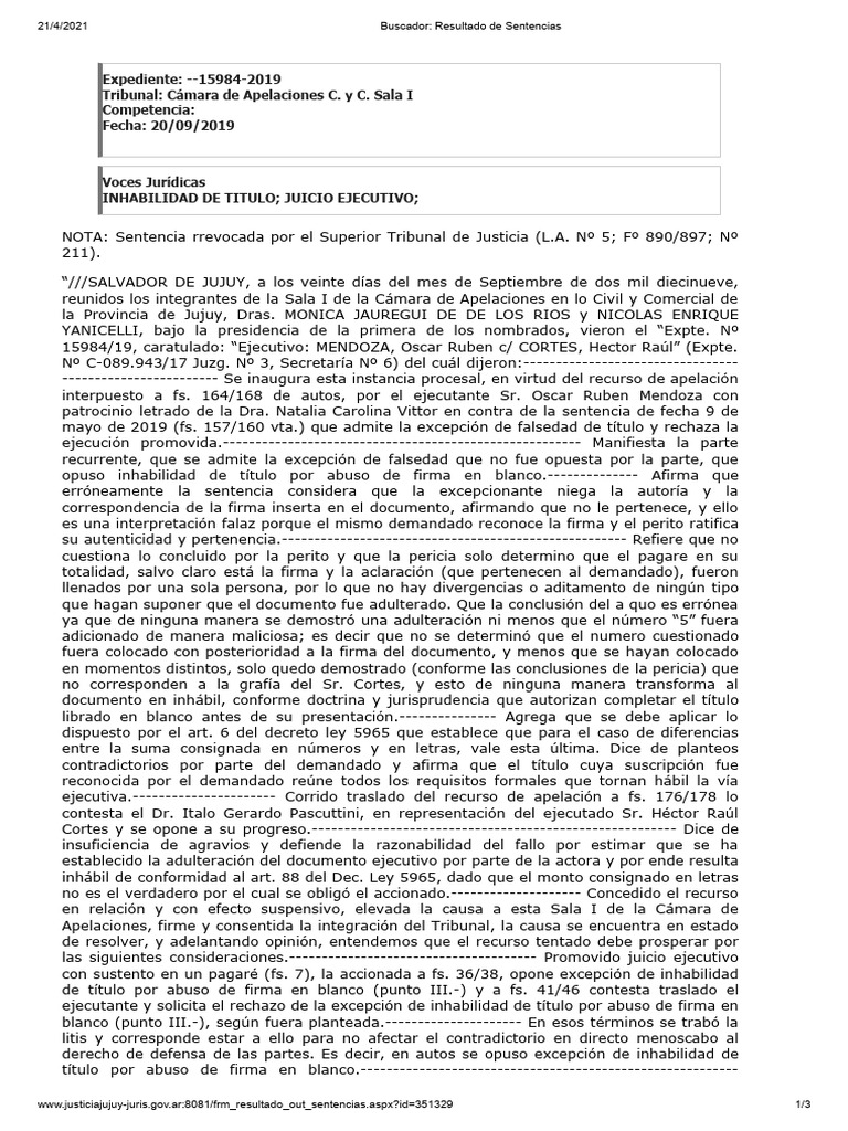 Pagaré - Incompleto - Facultad de llenarlo (Cámara de Apelaciones Jujuy - 2019) | PDF