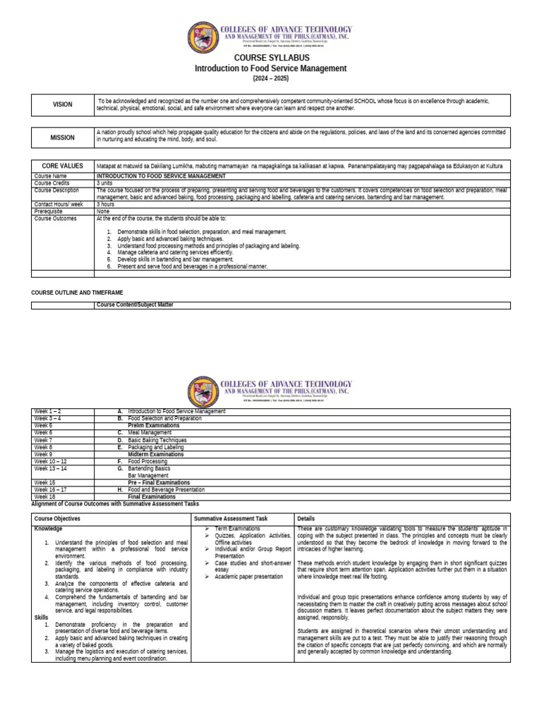 Syllabus - Food Service Management | PDF