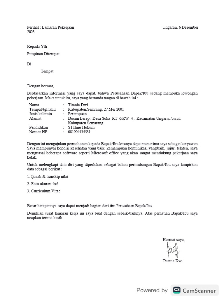 Surat Lamaran Kerja (Titania Dwi) | PDF