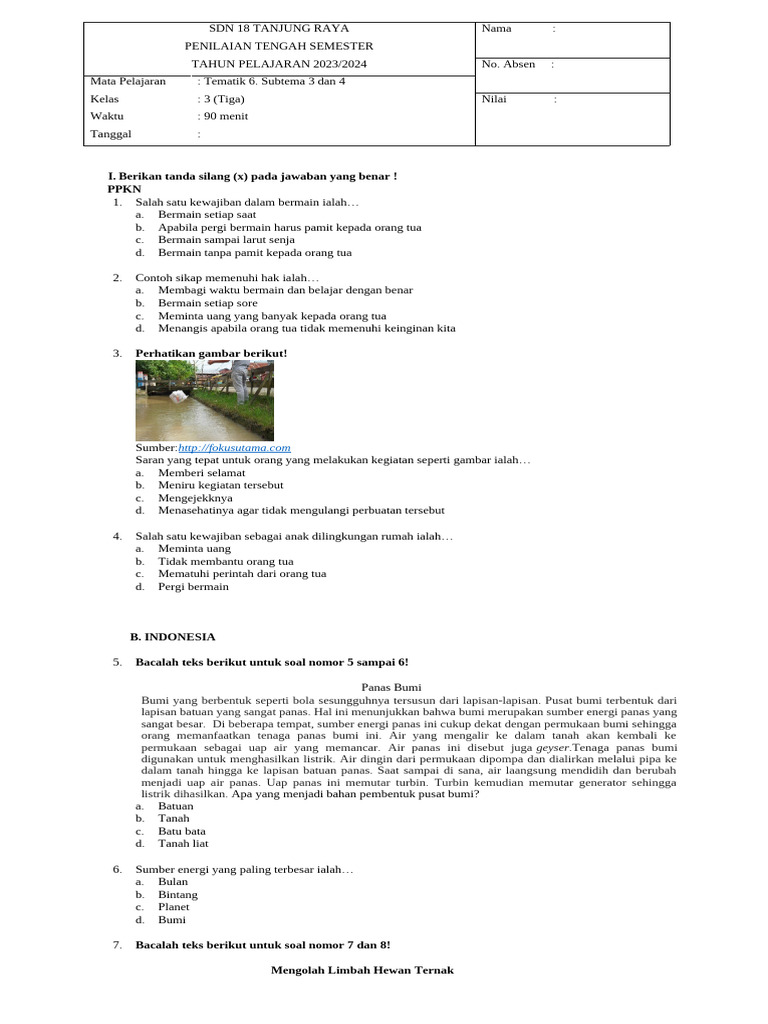 Soal PTS KELAS 3 Hari Ke 4 (Tema 6 Sub 3 4) Kelas 3 SMT 2 | PDF