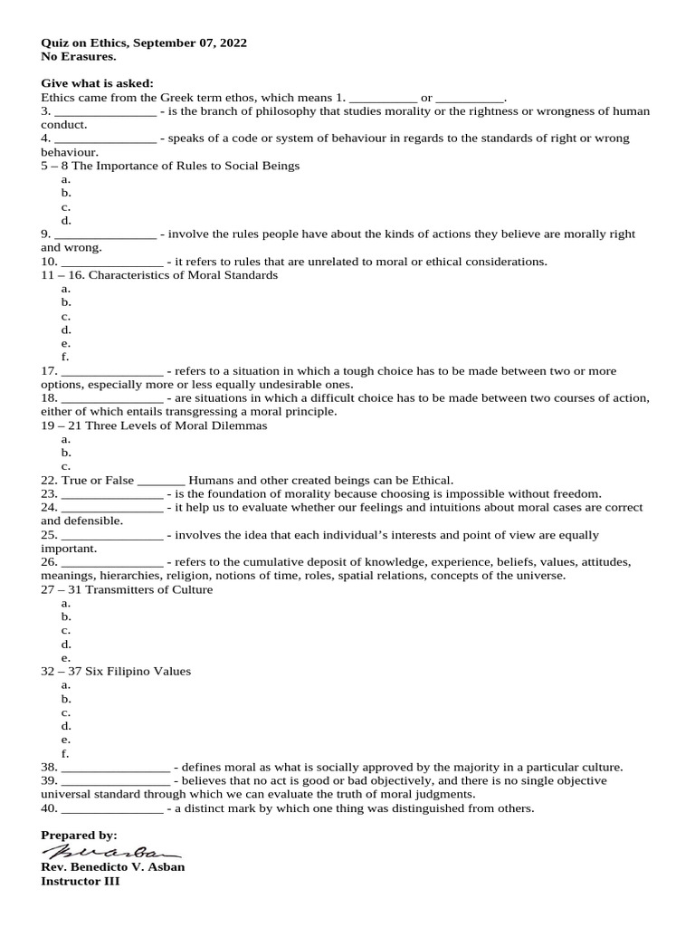 Quiz On Ethics Questions | PDF