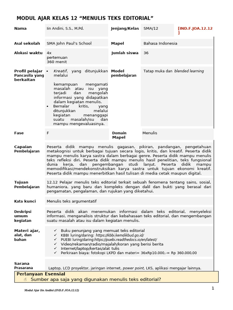 Final MA - IND - Iin Andini - F - 12.12 - Menulis Teks Editorial | PDF