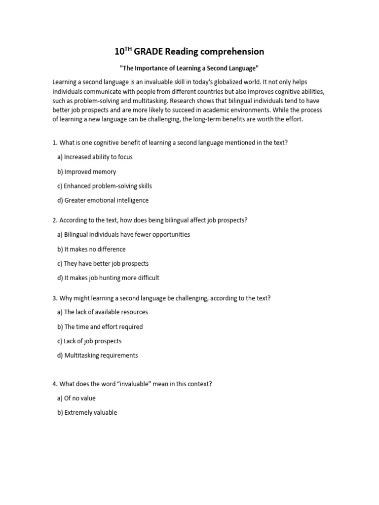 10TH READING COMPREHENSION | PDF