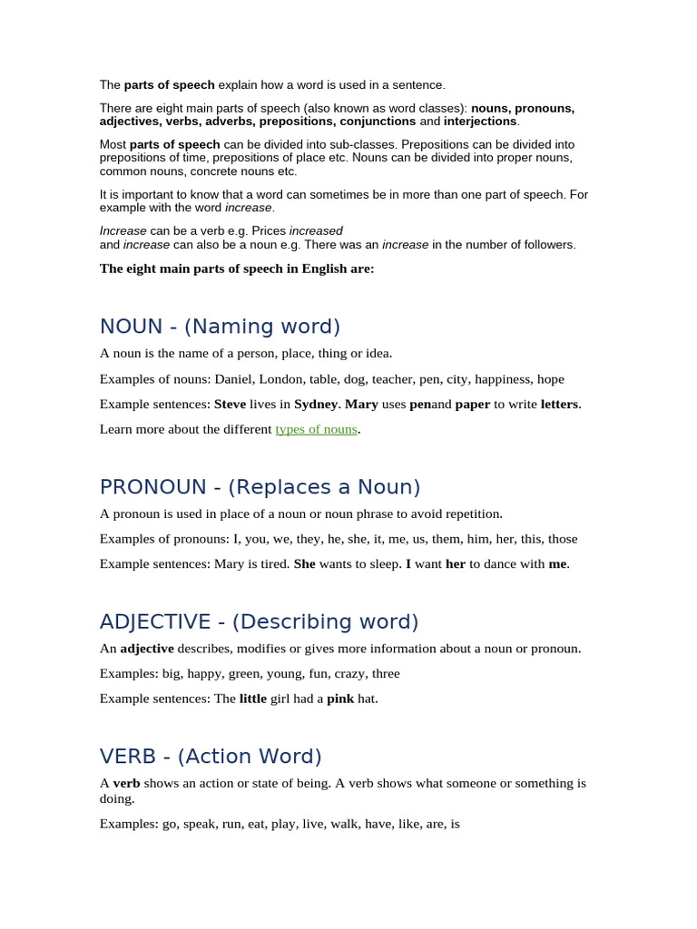 NOUN - (Naming Word) : The Eight Main Parts of Speech in English Are | PDF