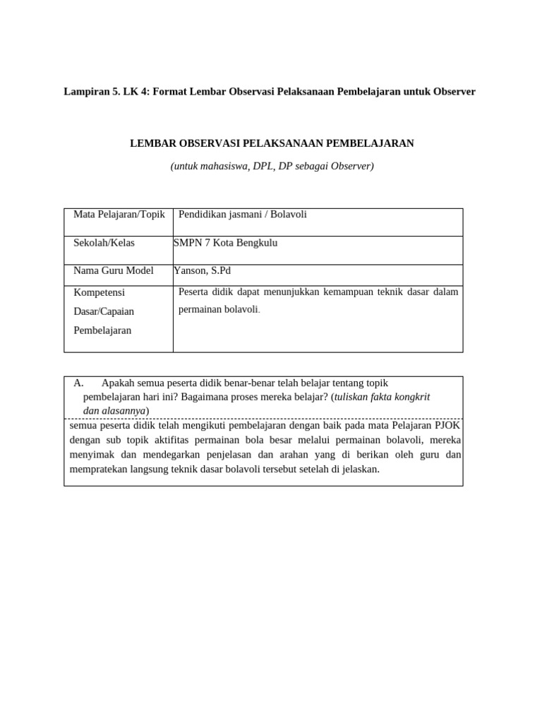 B4-9 Unggah LK 4 - Lembar Observasi Pembelajaran Observer - Siklus 2 | PDF