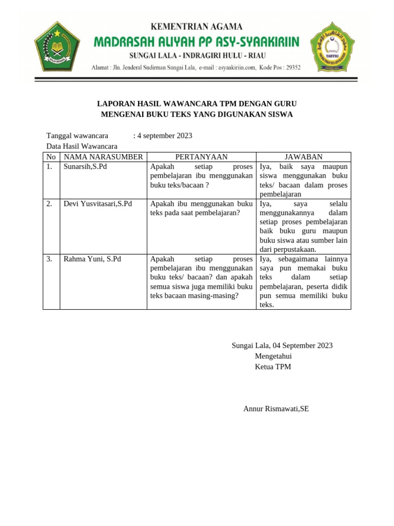 Laporan Hasil Wawancara TPM Dengan Guru | PDF