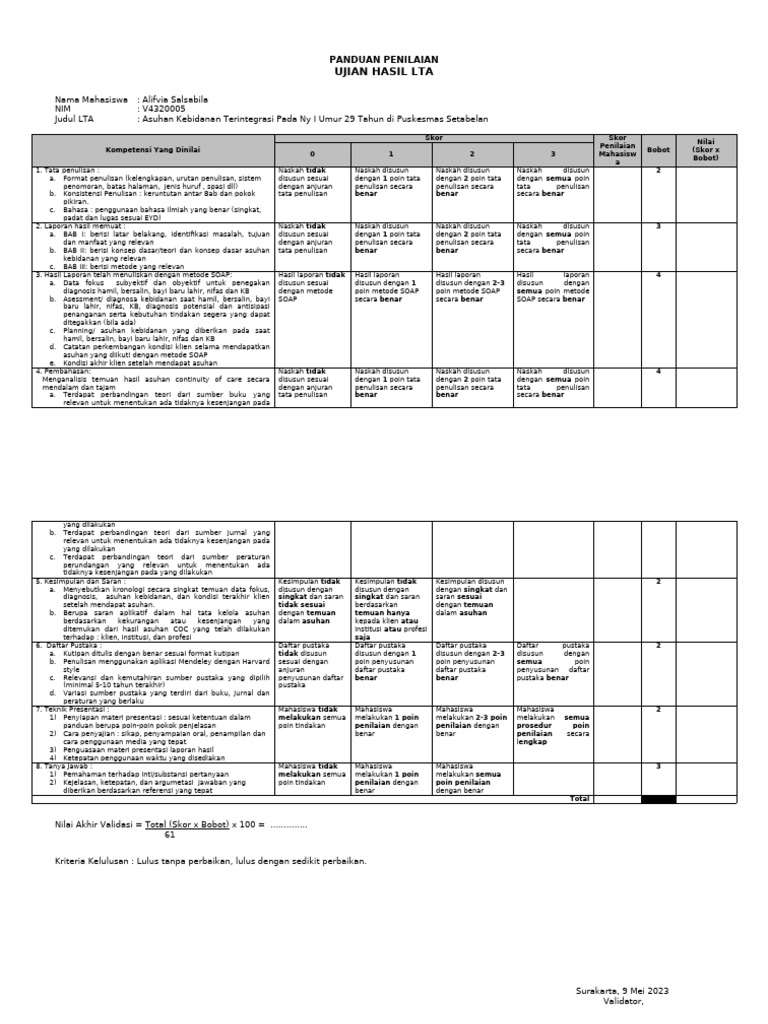 Rubrik Ujian Hasil LTA - Rev | PDF