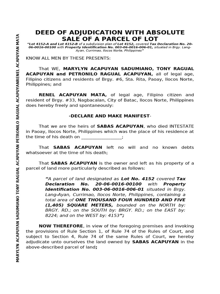 Deed of Adjudication With Absolute Sale - Sabas Acapuyan | PDF