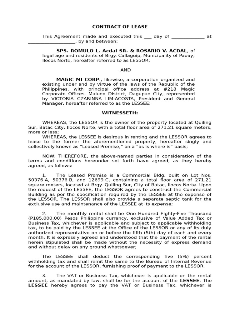 Contract of Lease Version 3 (1) Acdal | PDF
