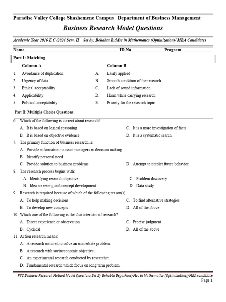 Business Research Model Questions 90 MCQ | PDF | Sampling (Statistics ...