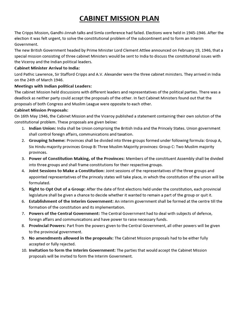 Cabinet Mission Plan | PDF