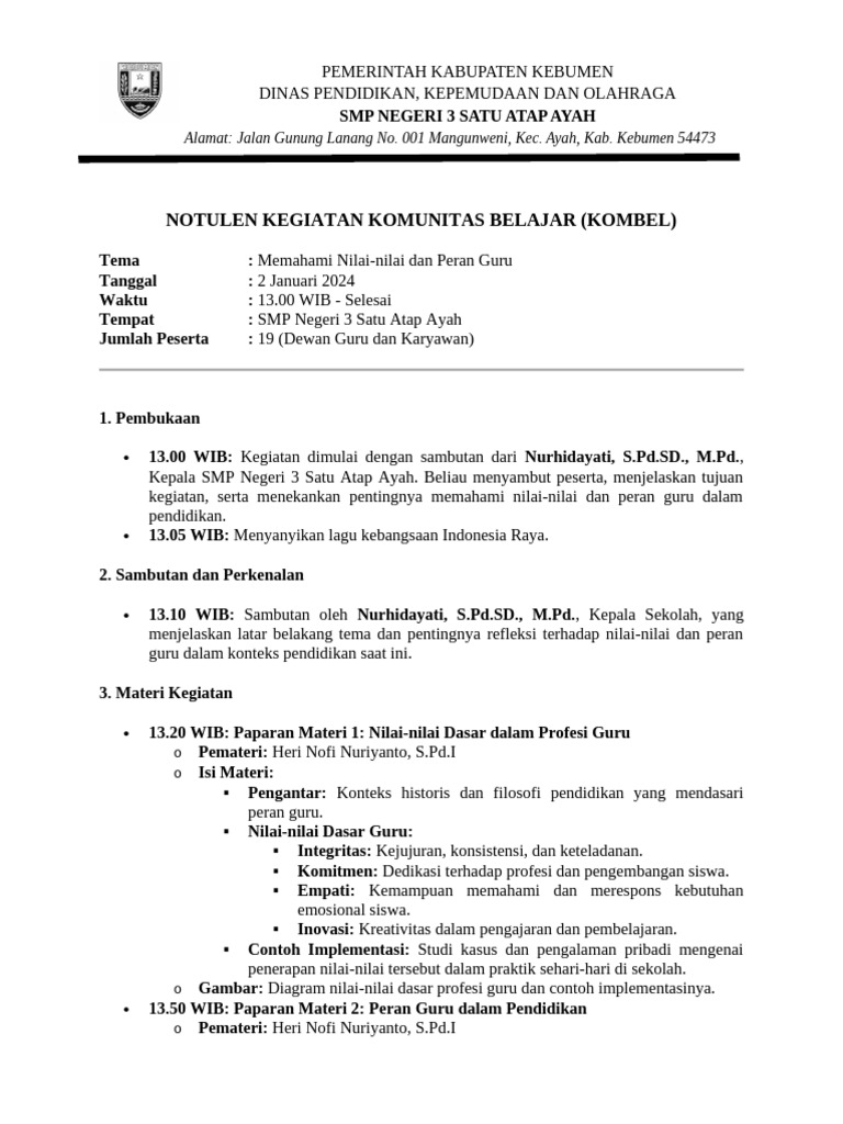 NOTULEN KOMBEL NILAI DAN PERAN GURU JANUARIdocx | PDF