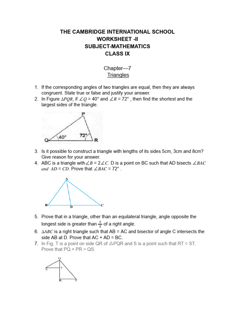 Class IX Mathematics: Triangles Worksheet | PDF