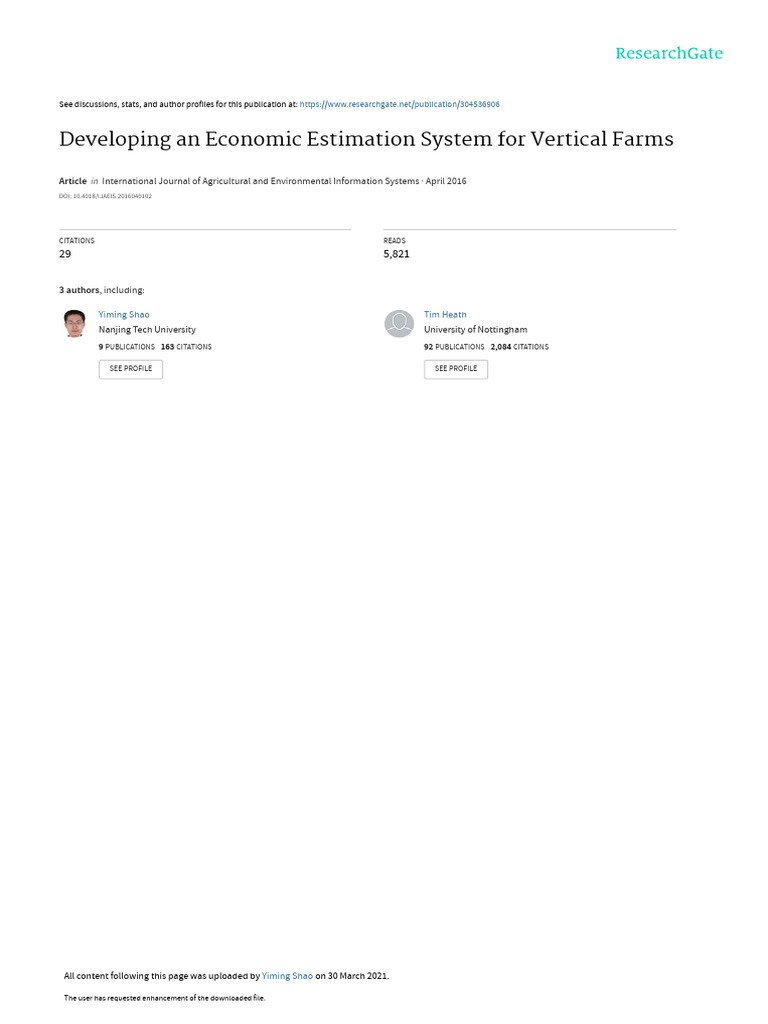 Developing An Economic Estimation System For Vertical Farms | PDF