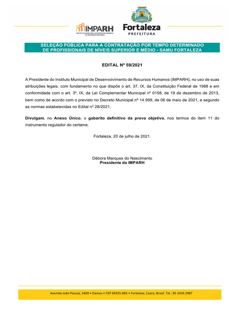 2021 1 Gab Samu Edital - 59 - 2021 - Gabarito - Definitivo - ED - 28 - 2021 | PDF