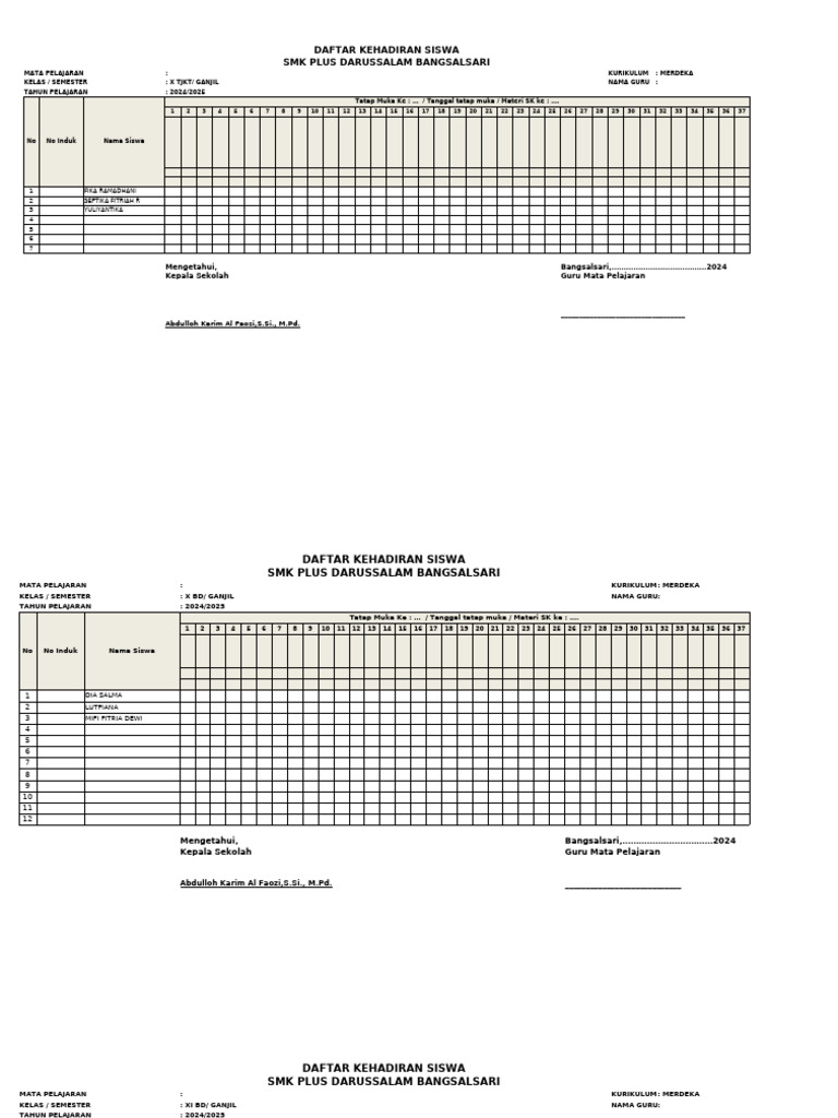 Absen SMK Plus Darussalam 2024-2025 | PDF