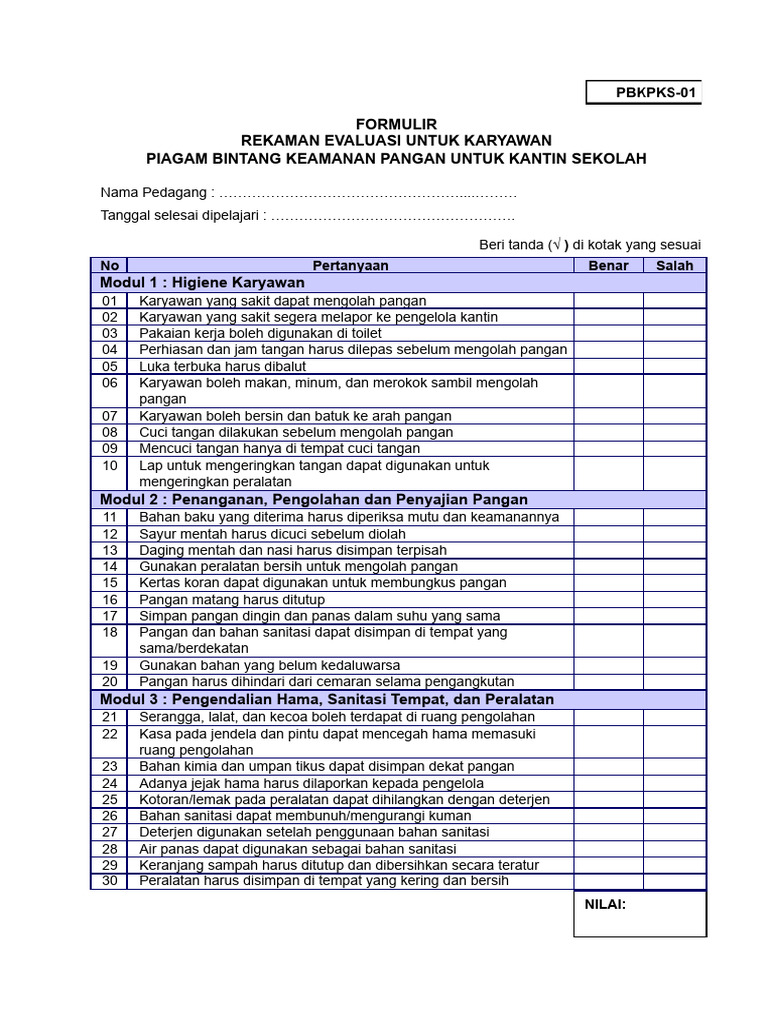 PBKPKS-01 Form Evaluasi Pedagang Kantin Sekolah FIX | PDF