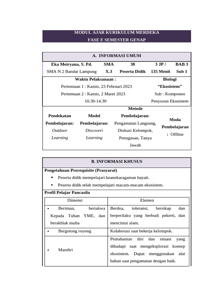 Modul Ajar Ekosistem Experiental Learning Baru Pdf