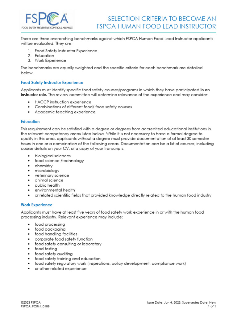 FSPCA_FORM_0188_HF LI Selection Criteria_2023 06 04 | PDF