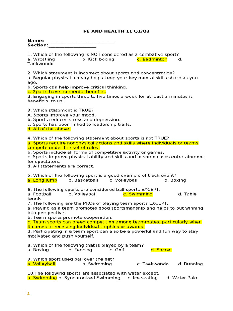 PE and Health Quiz: Sports and Fitness | PDF | Physical Fitness | Sports