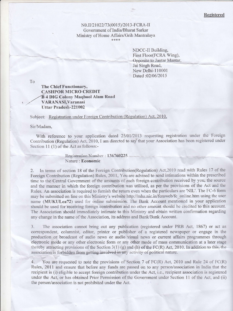 CMC-FCRA Registration Letter | PDF