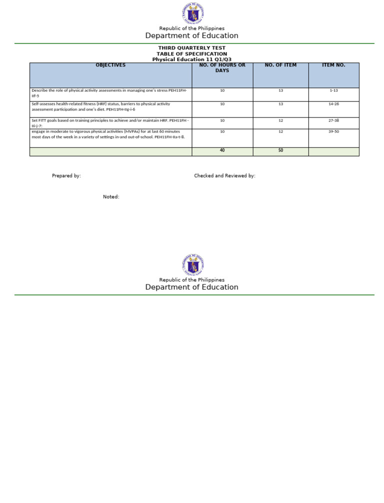PE AND HEALTH 11 TOS Q1_Q3 TEST | PDF