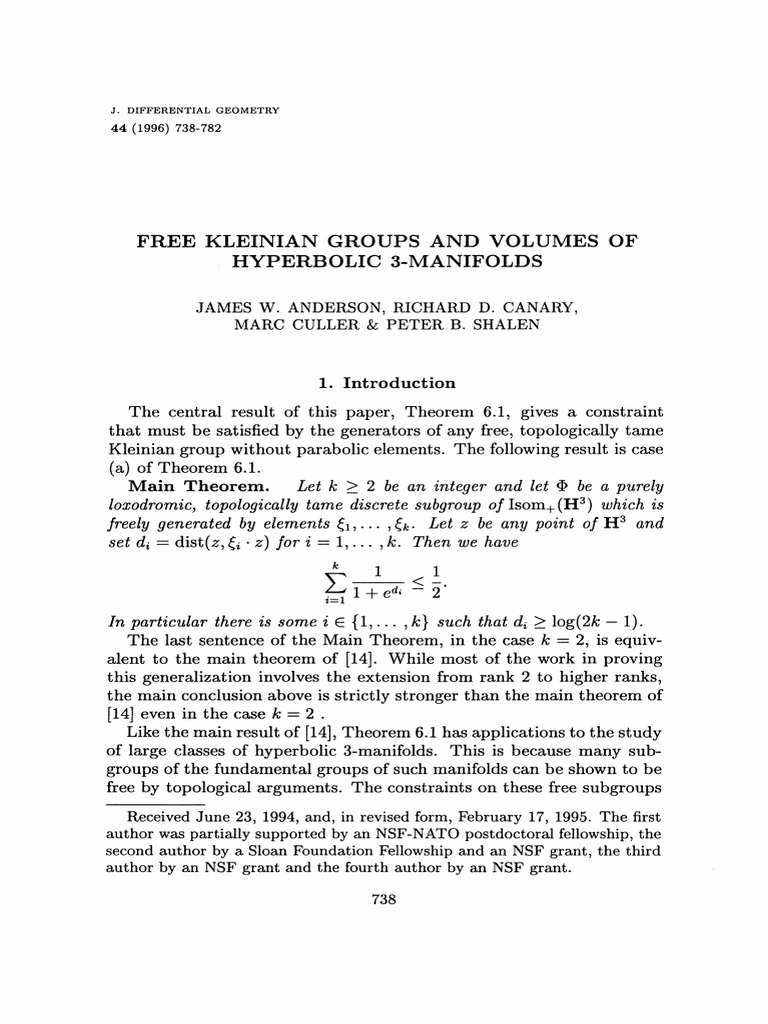 Free Kleinian Groups and Volumes of Hyperbolic 3-Manifolds | PDF ...