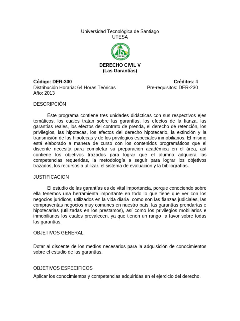 Programa Asignatura Derecho Civil V | PDF | Ley de hipotecas | Pagos