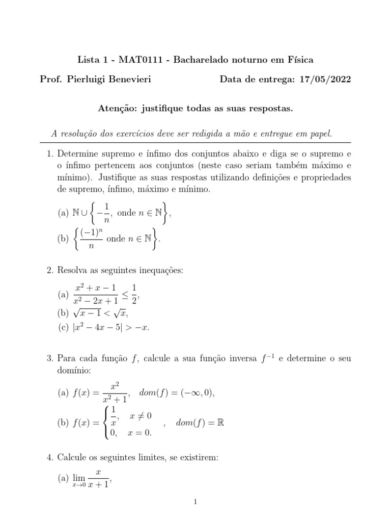 Lista de Exercício Cálculo 1 | PDF