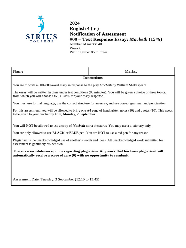 NoA #09 - MACBETH Text Response Essay (15%) Regular | PDF | Essays ...