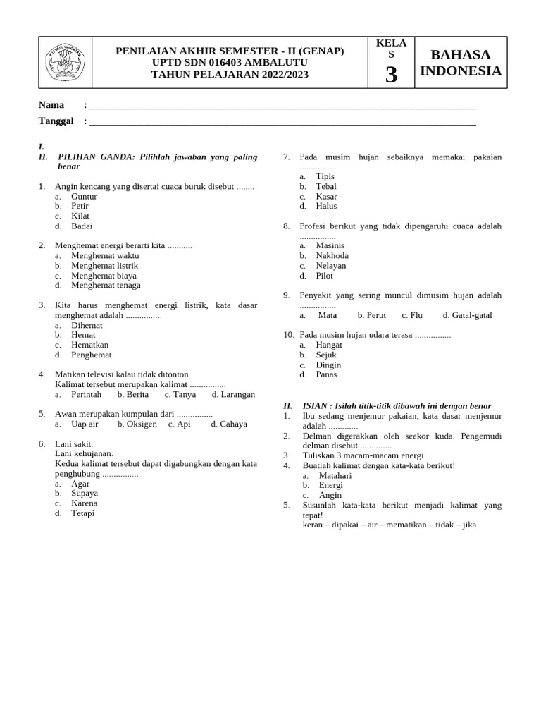 New Soal PAS SMT 2 Kelas 3 2023 | PDF