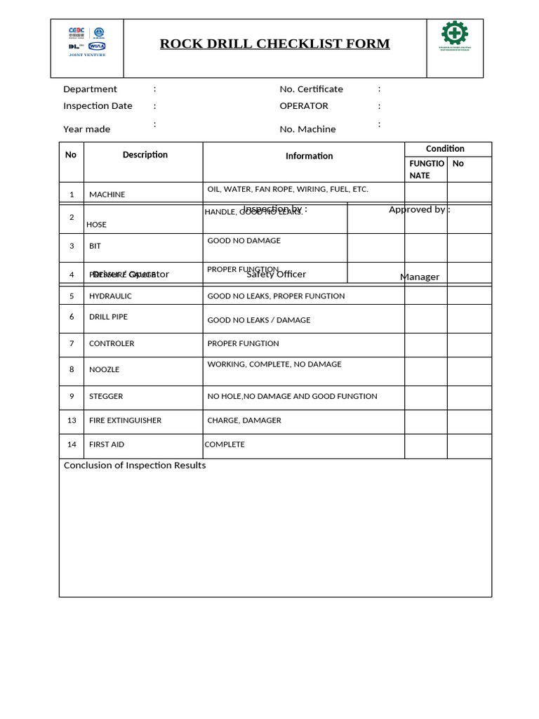 FORM CHECKLIST INSPECTION Rock Drill | PDF