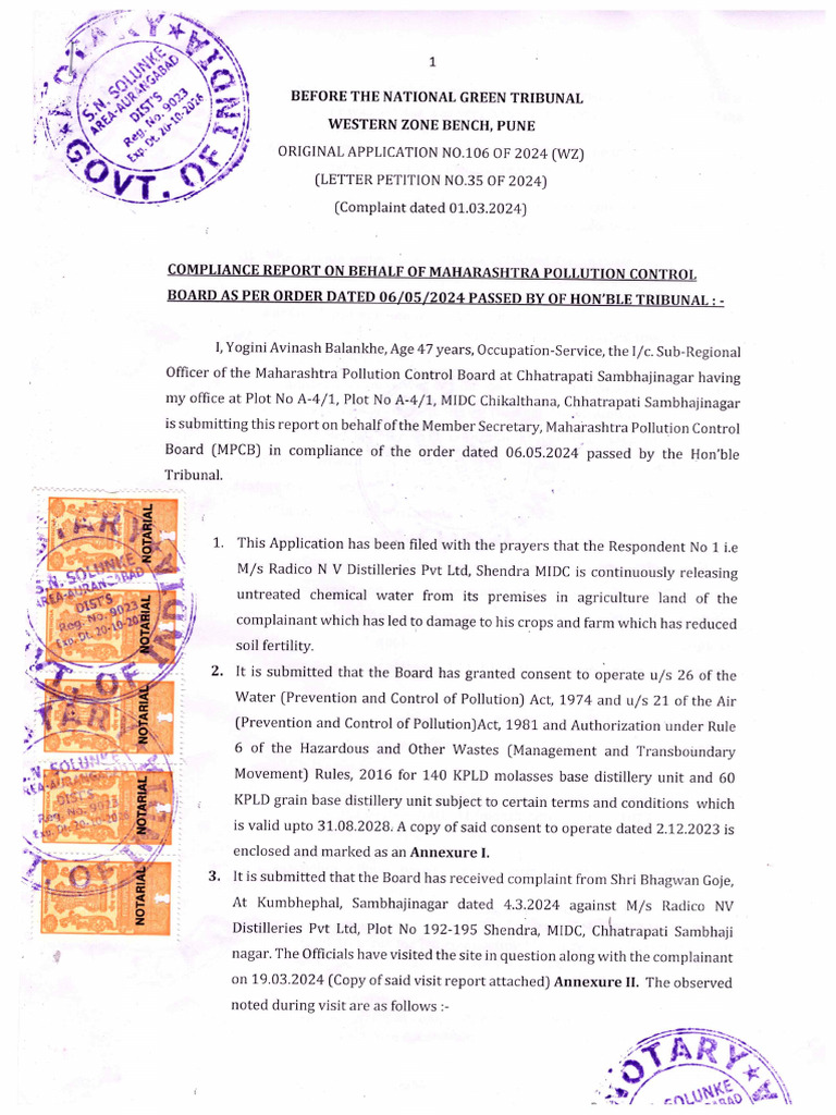 Compliance Report of MPCB in OA No.106-2024 (WZ) (Earlier LP No.35-2024 ...