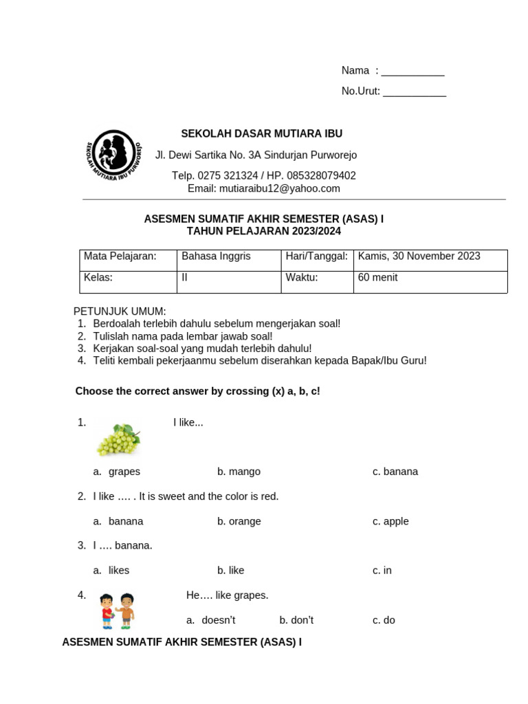 SAS Bahasa Inggris Kelas 2 | PDF