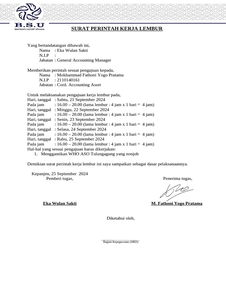 SURAT PERINTAH KERJA LEMBUR 21-25 September 24 | PDF