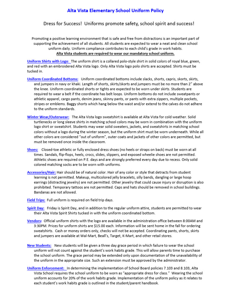 Alta Vista Uniform Policy 23-24 | PDF