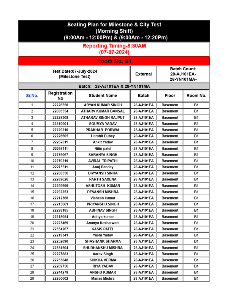 7-July Test Seating Plan - For Morning Shift | PDF