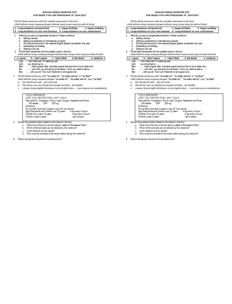 English Middle Test For Grade 9 | PDF
