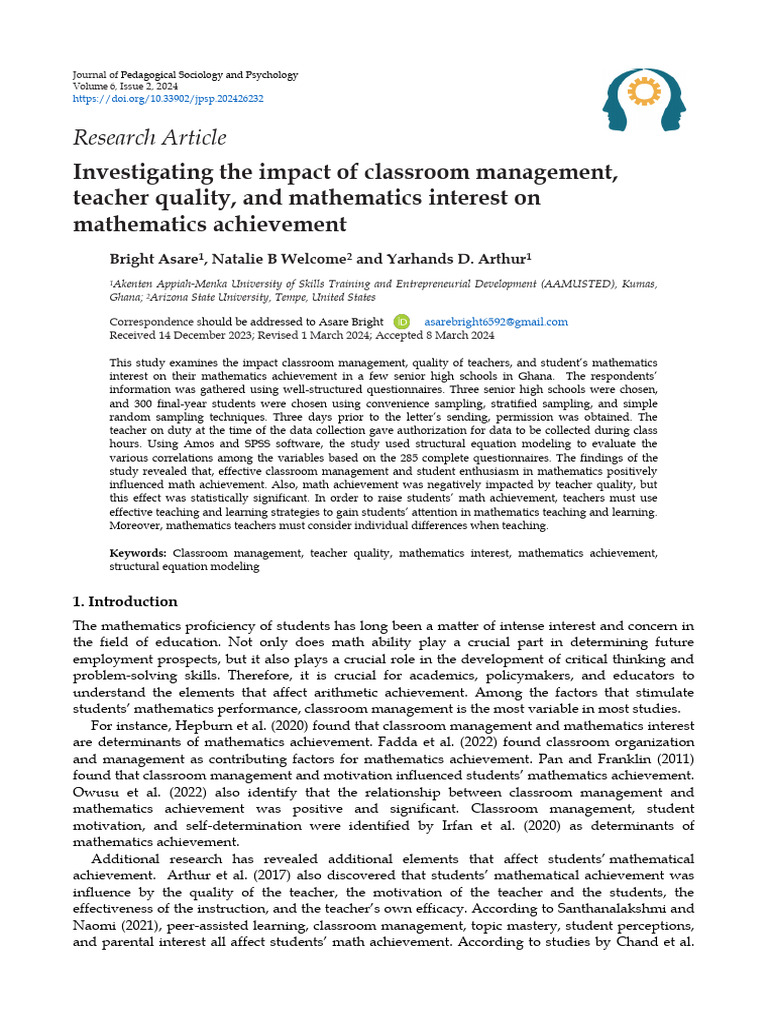 Investigating The Impact of Classroom Management Teacher Quality and ...
