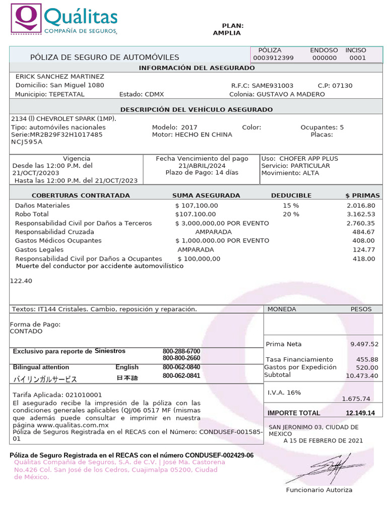 Poliza de Seguro Qualitas (EDITABLE) | PDF