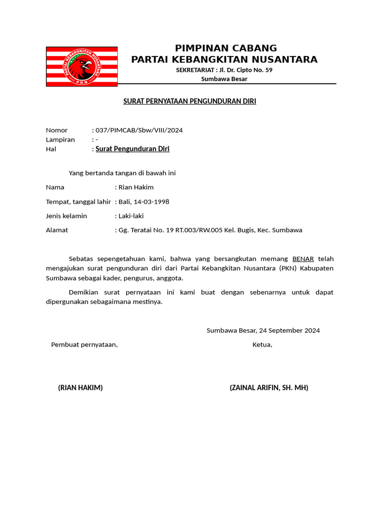 Surat Pengunduran Diri Perindo | PDF