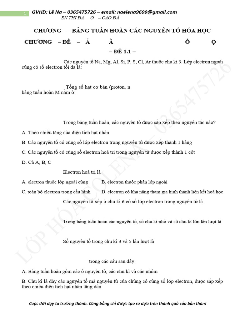 Đề 1-Bảng HTTH Các Nguyên Tố Hóa Họcc | PDF