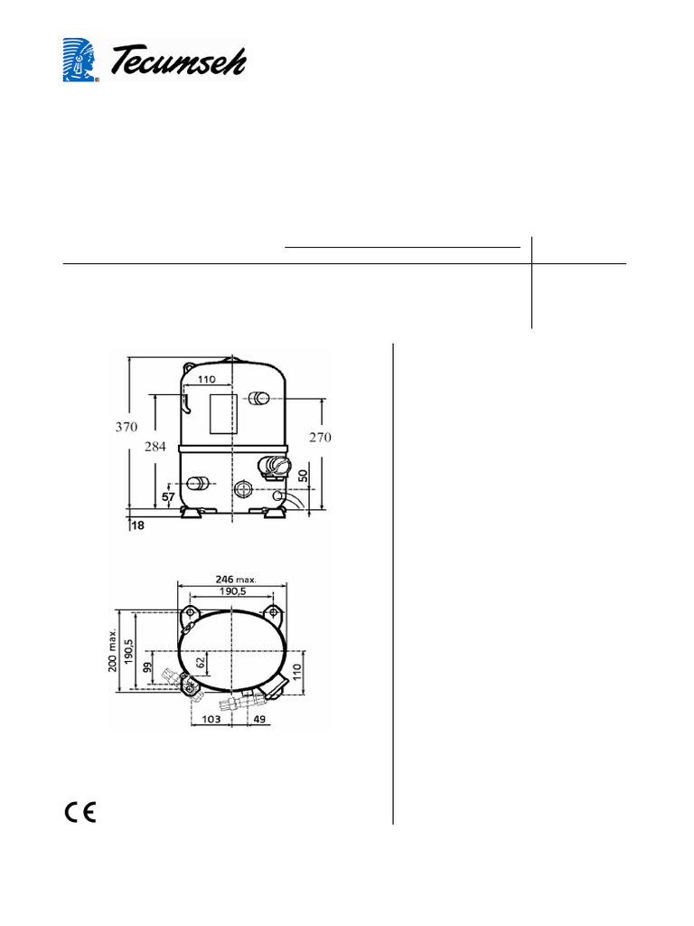 Technical Specifications Tecumseh Compressor 2hp R404 LBP FH2480Z VV ...