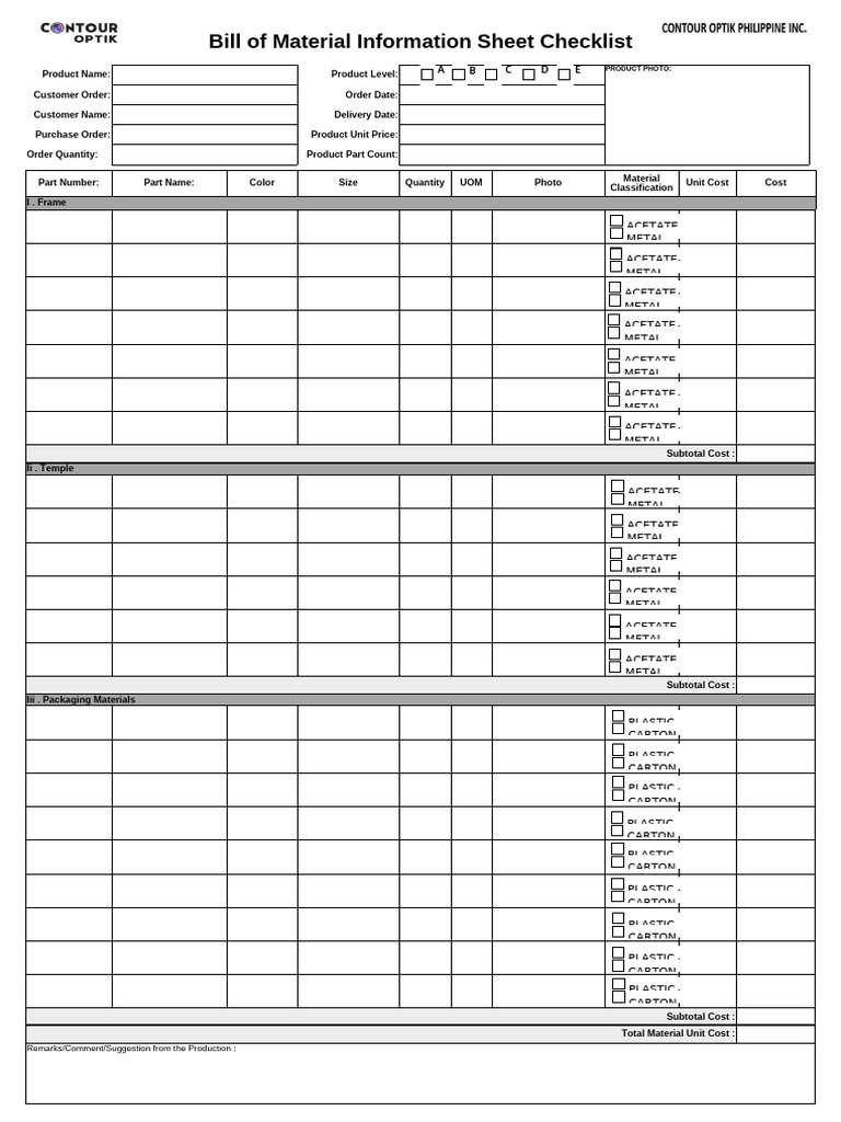 COPI FM 0011 C BOM Information Sheet Checklist | PDF