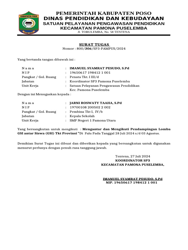 Surat Tugas Kepala Sekolah | PDF