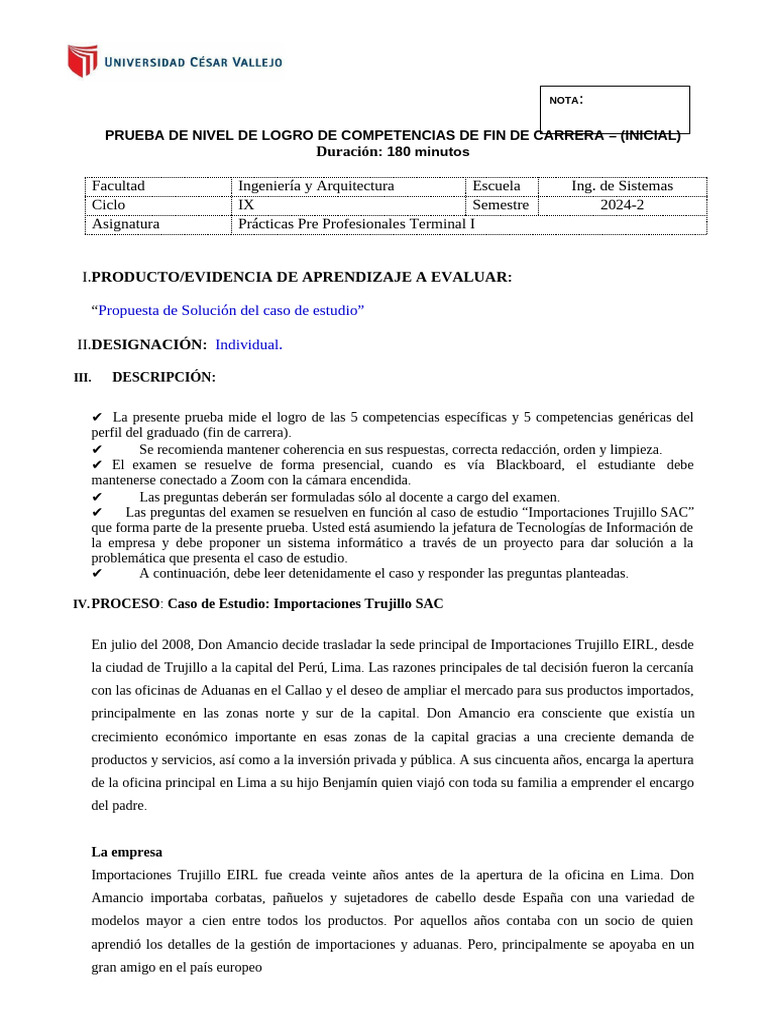 EXAMEN PLC IV NIVEL 2024-2 9no Plan D (Entrada) | PDF