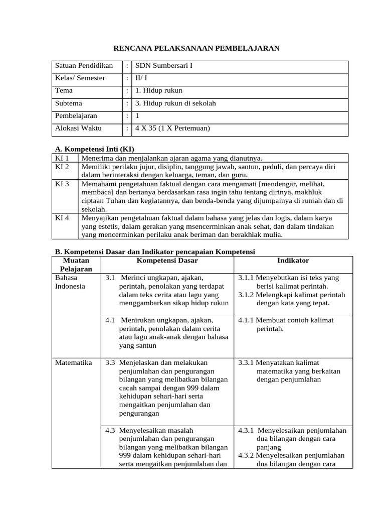 RPP Kelas 2 Tema 1 Sub 3 Pemb 1 | PDF