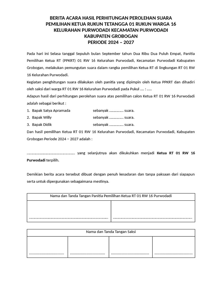 Berita Acara Hasil Perhitungan Perolehan Suara Pemilihan RT | PDF ...