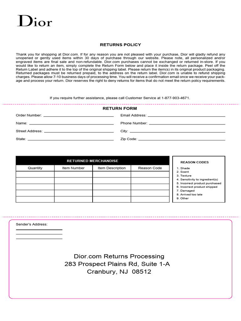 DIOR 2023 ReturnsForm | PDF
