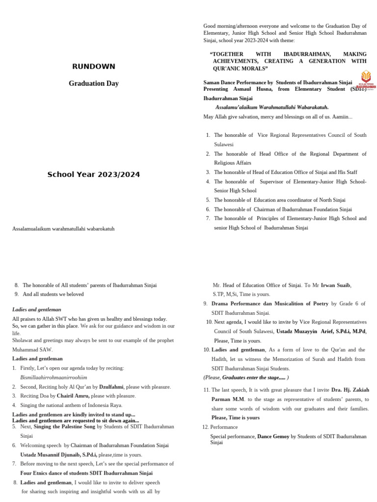 Rundown Graduation Ceremony 1 SD It Ibadurrahman | PDF
